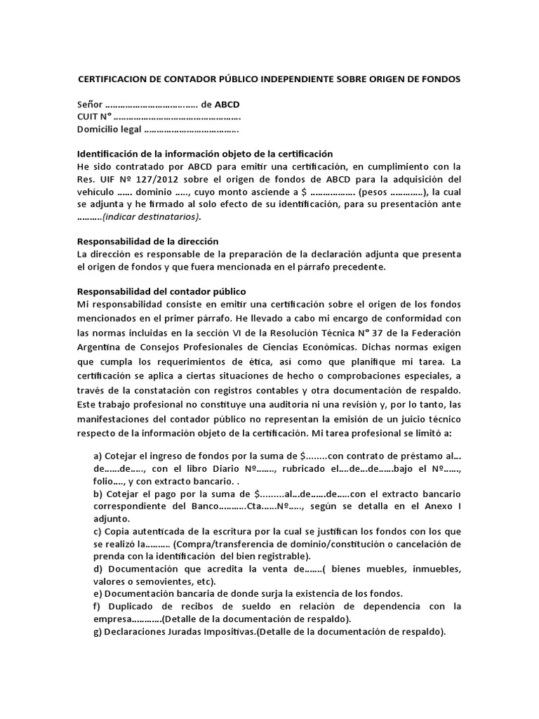 Certificación Origen de Fondos ABCD | PDF | Contador | Contabilidad