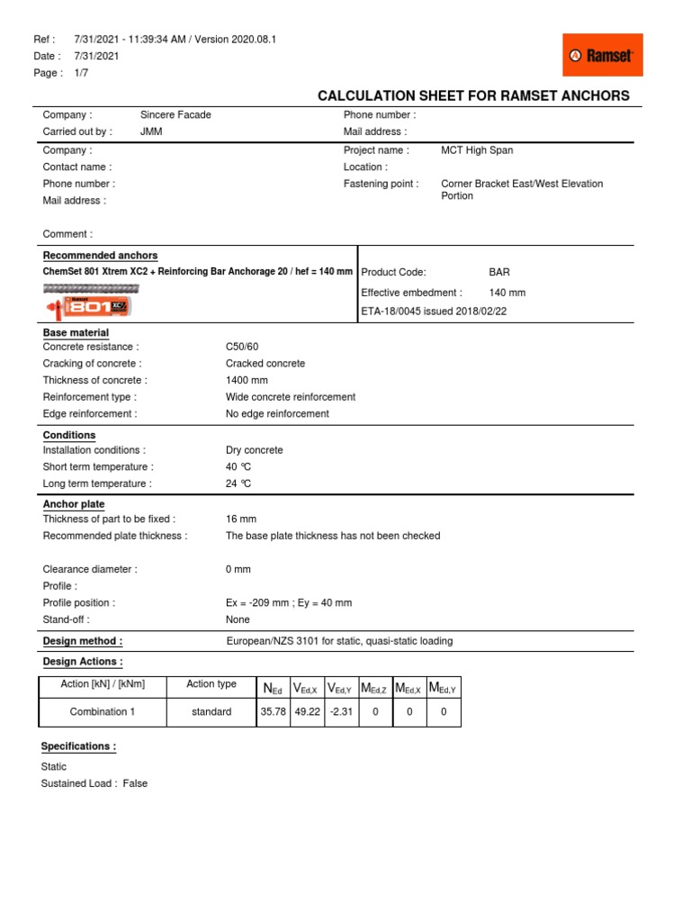 Calculation Sheet For Ramset Anchors | PDF | Strength Of Materials ...