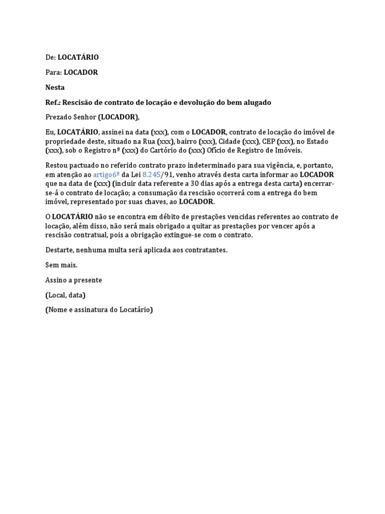 Modelo Carta de Rescisao de Contrato de Locacao Residencial | PDF | Direito