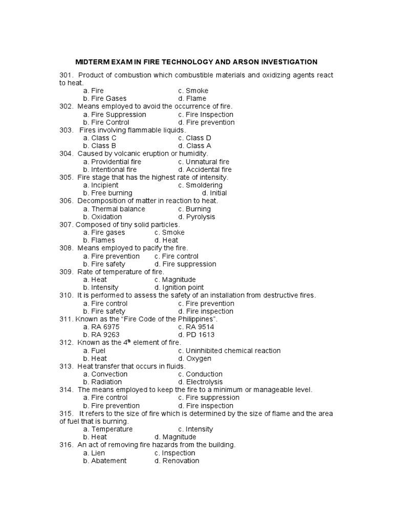 Midterm Exam in Fire Technology and Arson Investigation | PDF | Fires | Combustion