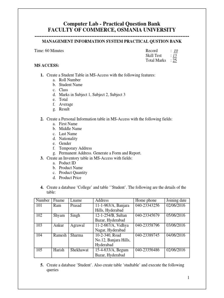 Practical Question Bank for Computer Lab MIS | PDF | Relational Database | Databases