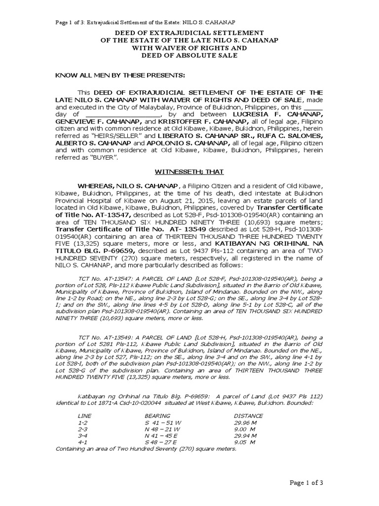 Extrajudicial Partition With Deed of Sale (Nilo S. Cahanap) | PDF ...