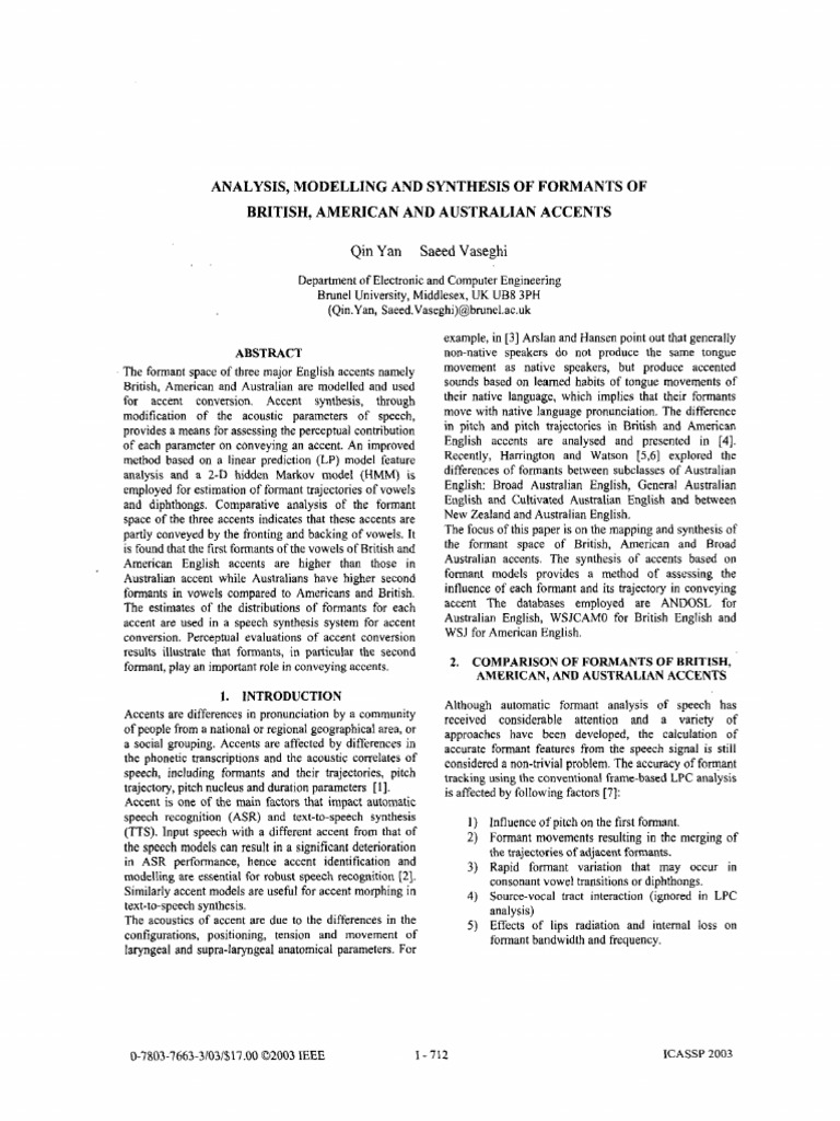 Analysis Modelling And Synthesis Of Formants Of British American Pdf Speech Synthesis Vowel