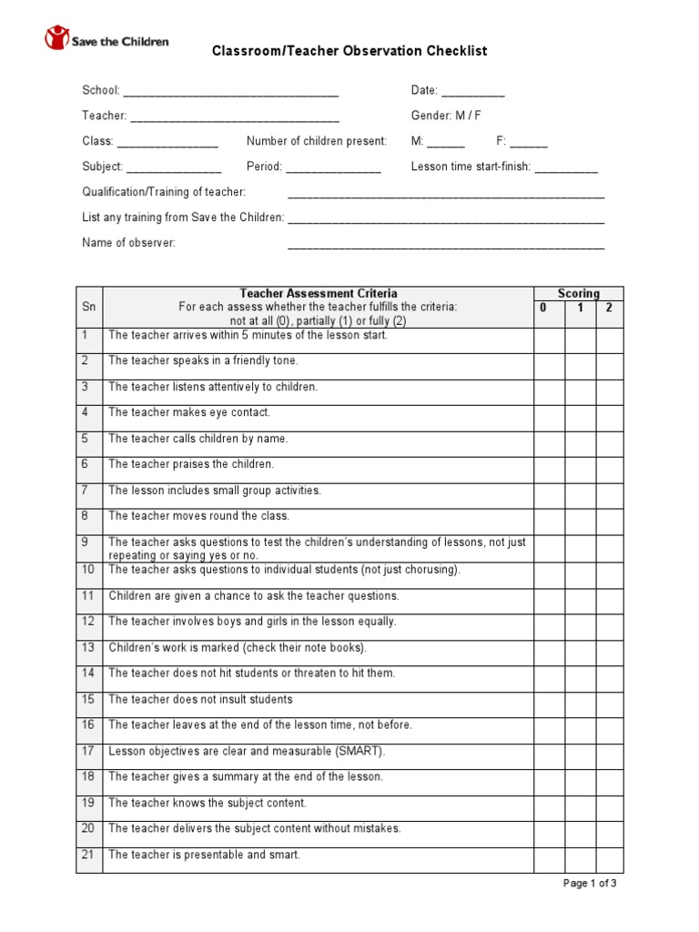 Classroom/Teacher Observation Checklist: Teacher Assessment Criteria ...