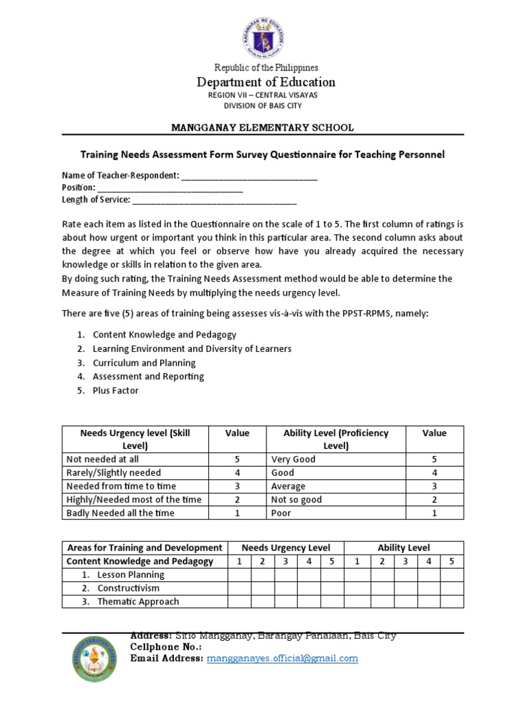 Department of Education: Training Needs Assessment Form Survey ...