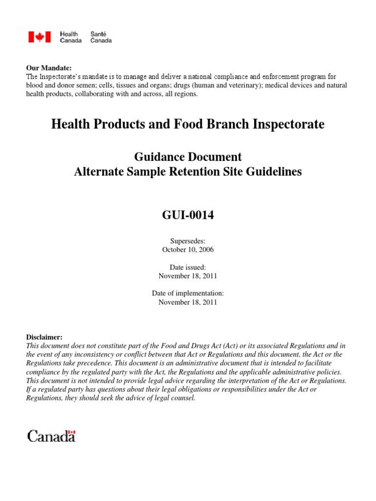 Guidance Document Alternate Sample Retention Site Guidelines (GUI-0014 ...