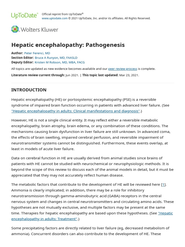 Hepatic Encephalopathy - Pathogenesis - UpToDate | PDF | Nmda Receptor ...