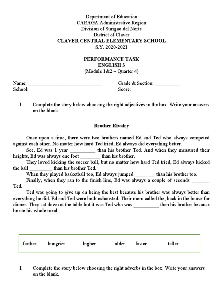 English 3 Performance Task: Adjectives & Adverbs | PDF