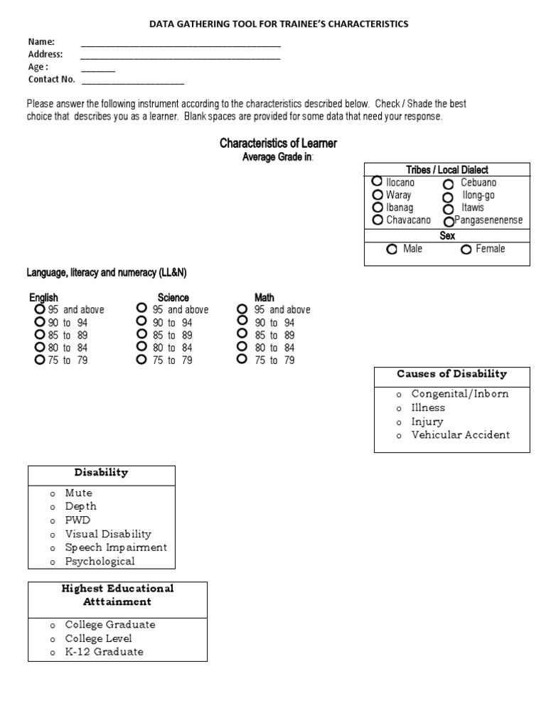 Data Gathering Tool For Trainee | PDF | Learning | Learning Styles