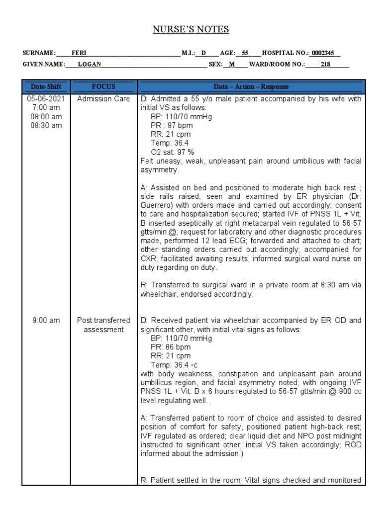 Nurse'S Notes: Date-Shift Focus Data - Action - Response | PDF ...