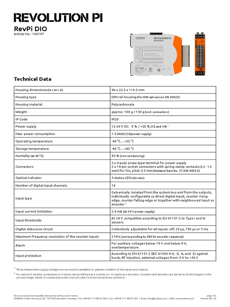 Datasheet RevPi DIO | PDF | Power Supply | Input/Output