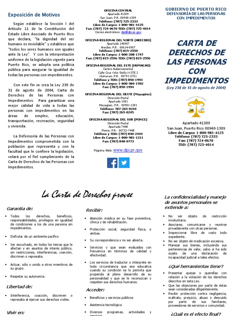 CARTA DE DERECHOS de Las Personas Con Impedimentos Puerto Rico - LEY ...