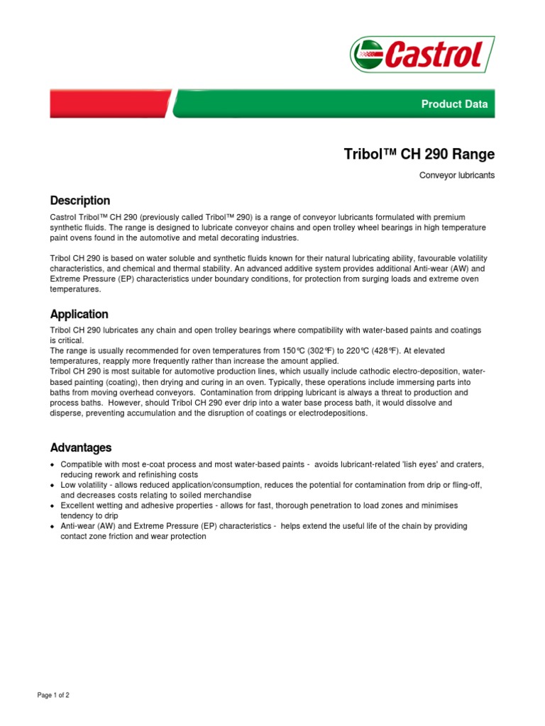 Aceite Castrol Tribol 290 Conveyor Lubricant 2 | PDF | Lubricant | Paint