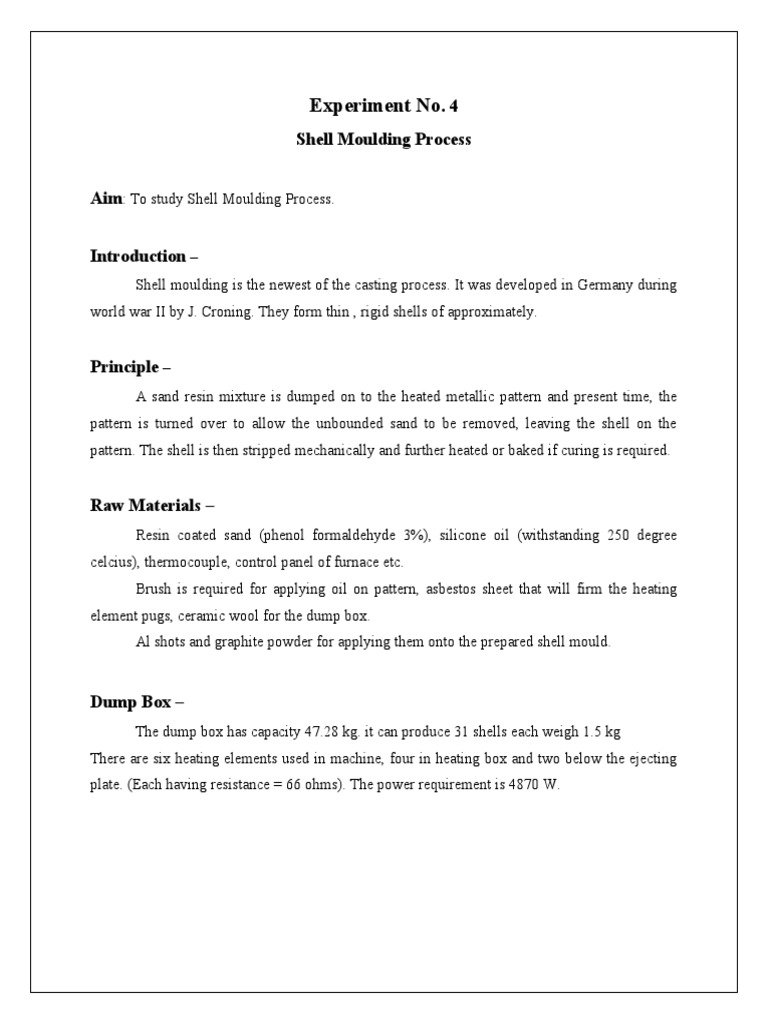 Experiment No: - 4 Shell Moulding Process Aim | PDF | Casting ...