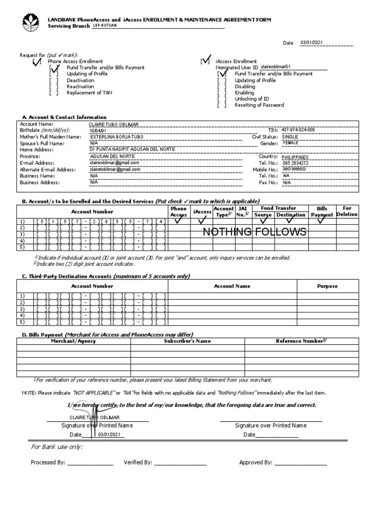 LBP Iaccess Enrollment Form | PDF | Cheque | Banks LBP Iaccess Enrollment Form | PDF | Cheque | Banks