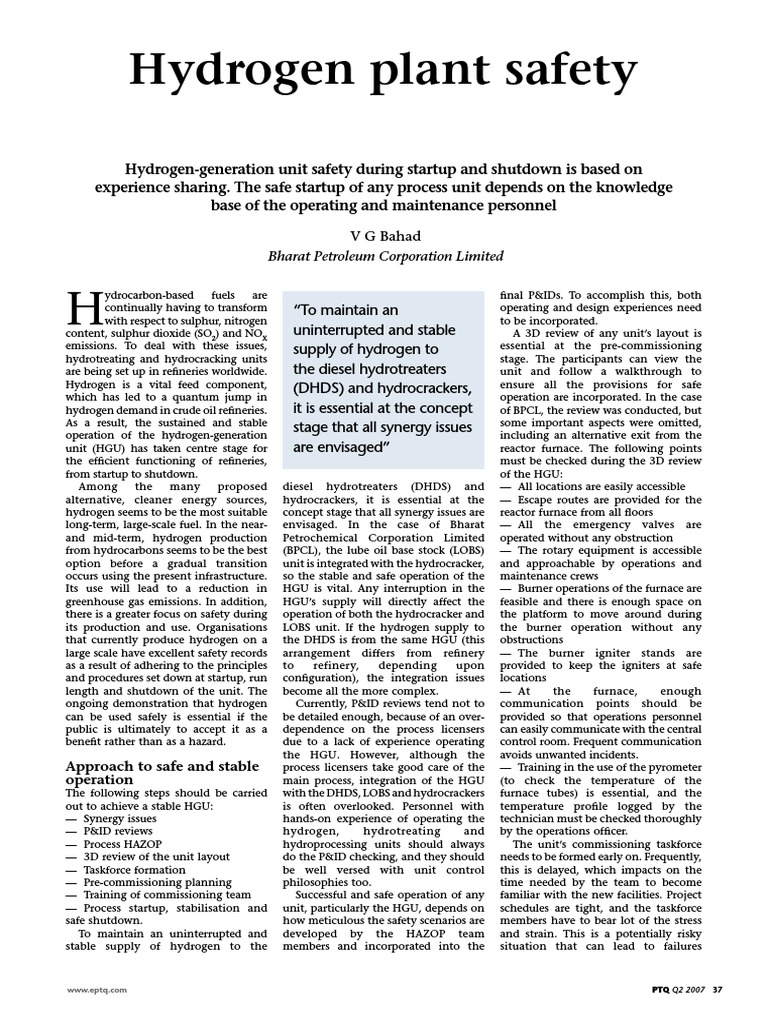 Hydrogen Plant Safety | PDF | Oil Refinery | Cracking (Chemistry)