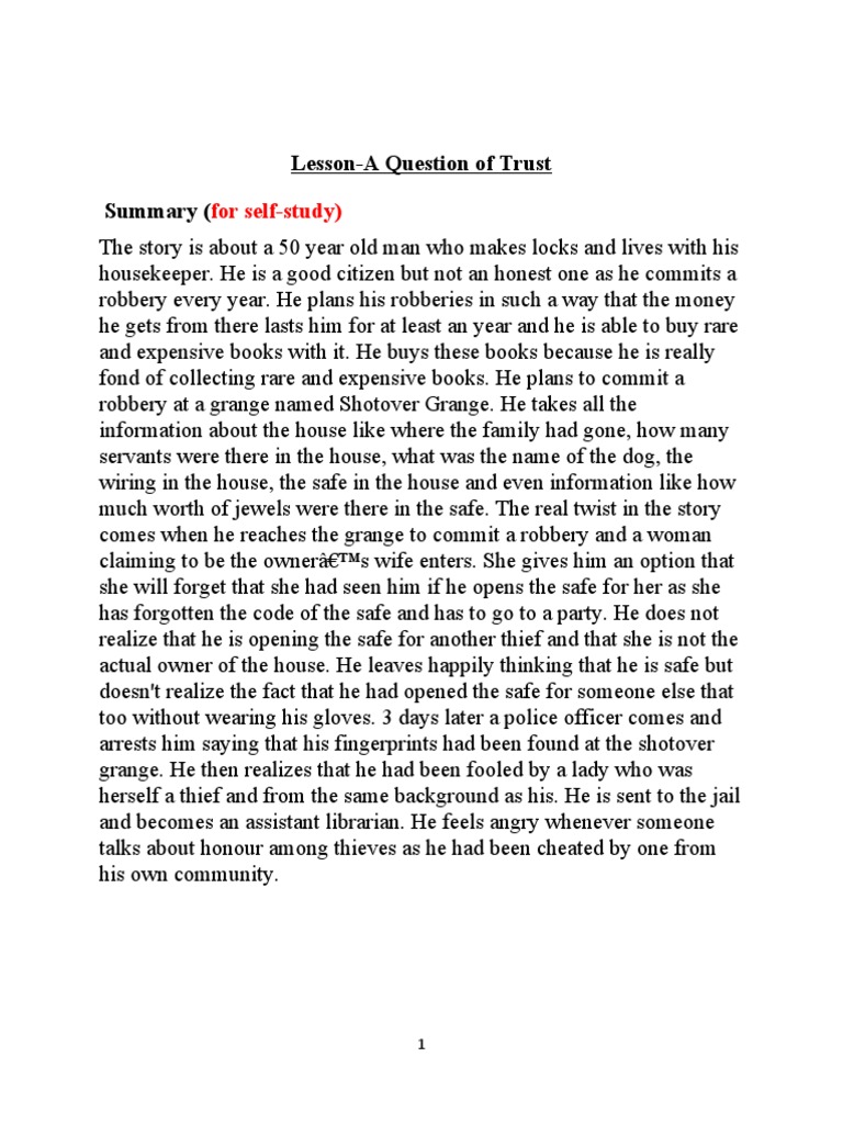 Lesson-A Question of Trust Summary (: For Self-Study) | PDF | Theft