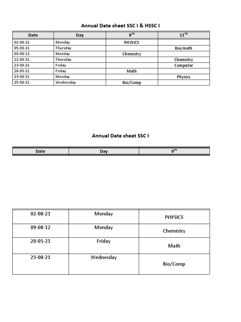 Date Sheet For Exam All Classes | PDF