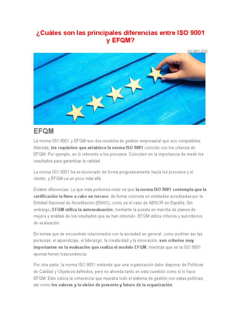Las principales diferencias entre ISO 9001 y el modelo de excelencia EFQM | PDF | Evaluación ...