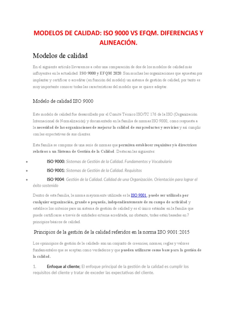 ISO 9000 vs EFQM: Comparativa y Alineación | PDF | Calidad (comercial) | Iso 9000