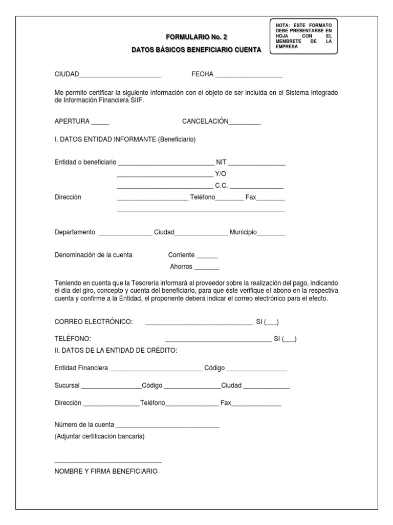 FORMULARIO No 2 DATOS BASICOS BENEFICIARIO CUENTA | PDF