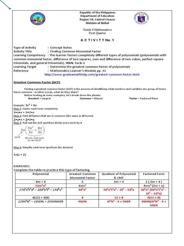 Math 8 DLP 1st Quarter | PDF | Factorization | Cartesian Coordinate System