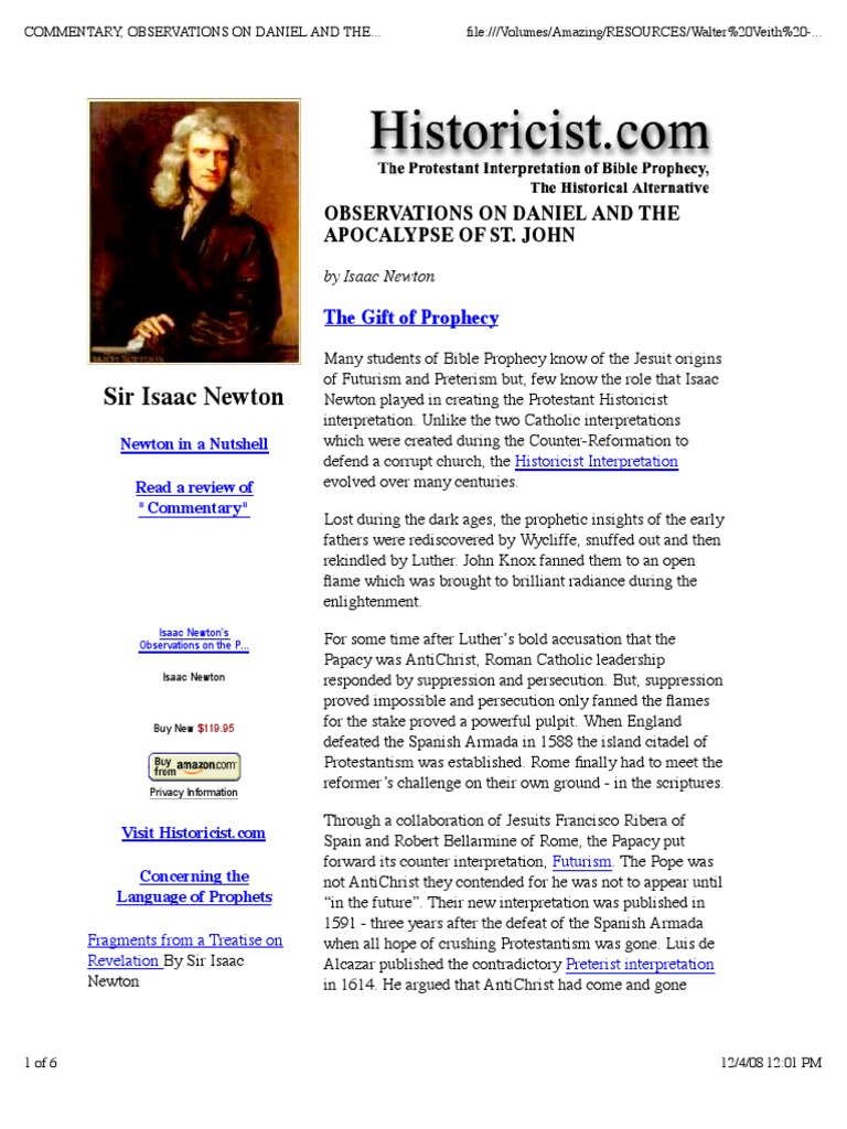 Sir Isaac Newton: Observations On Daniel and The Apocalypse of St. John ...