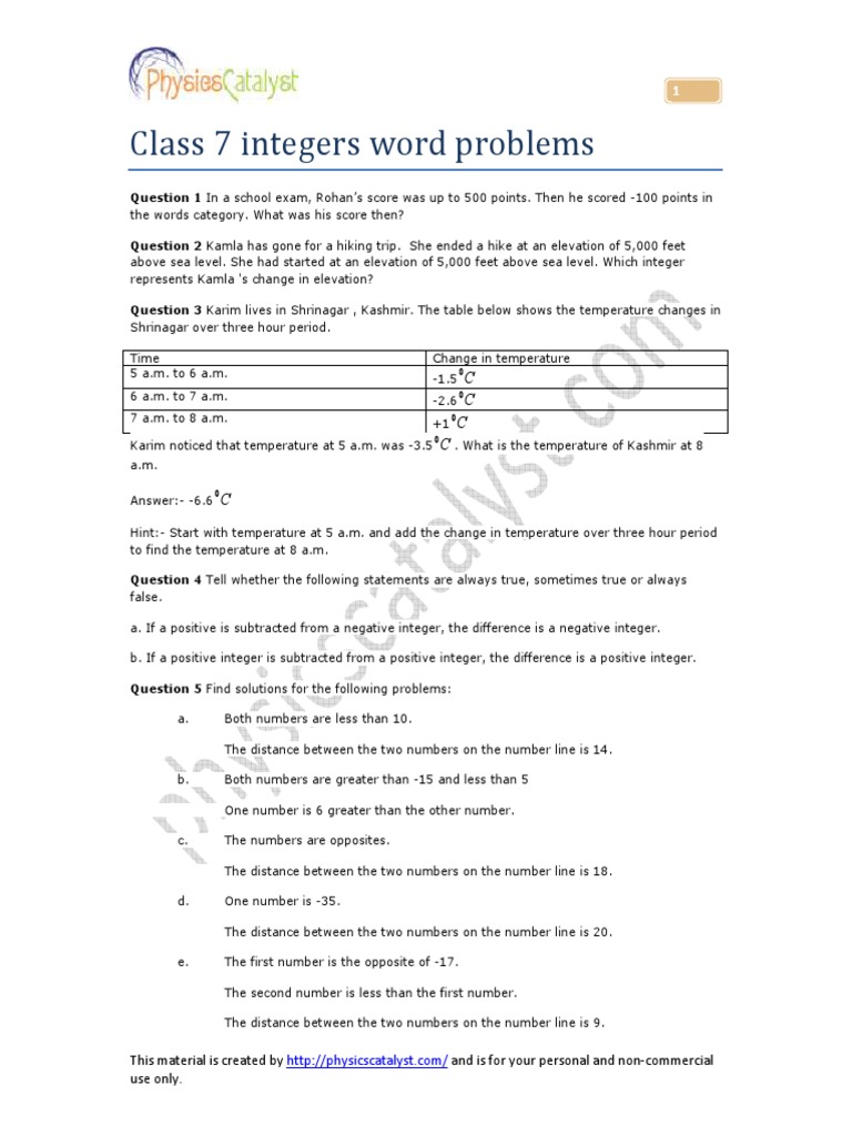 Class 7 Integers Word Problems: C C C C | PDF | Integer | Number Theory