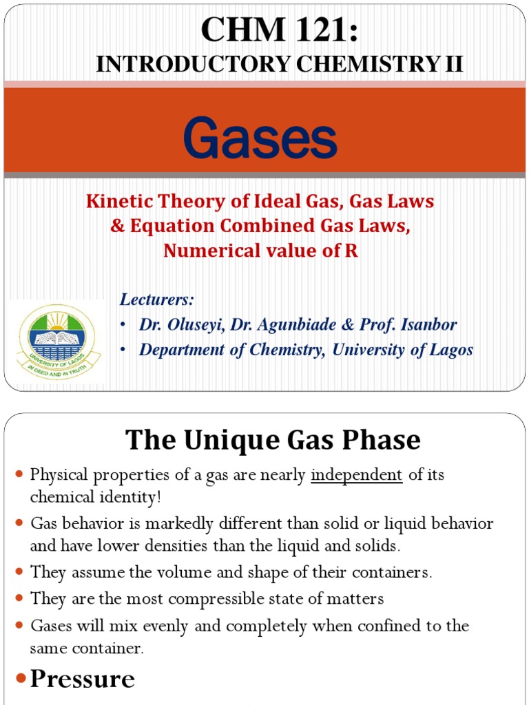 CHM 121 - Lecture Note 7 - Kinetic Theory of Gases, Gas Laws, Equations ...