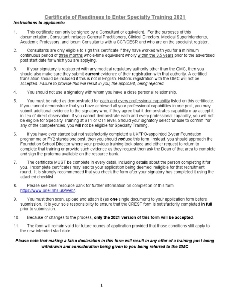 Certificate of Readiness To Enter Specialty Training 2021 | PDF ...