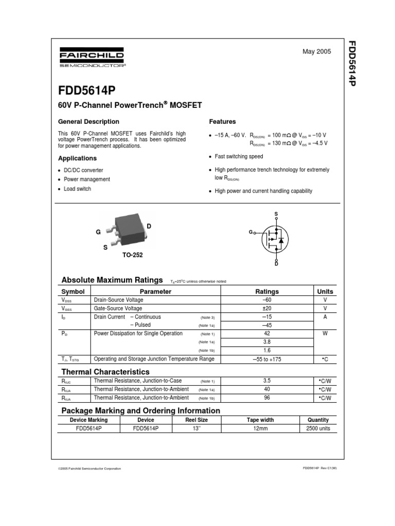 Fdd5614P: 60V P-Channel Powertrench Mosfet | PDF | Field Effect ...