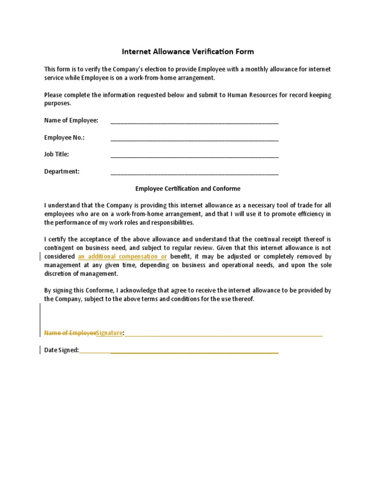 Internet Allowance Verification Form: Employee Certification and ...