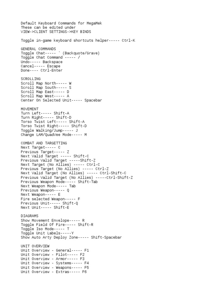 MegaMek Keyboard Shortcuts Guide | PDF | Computers | Technology & Engineering