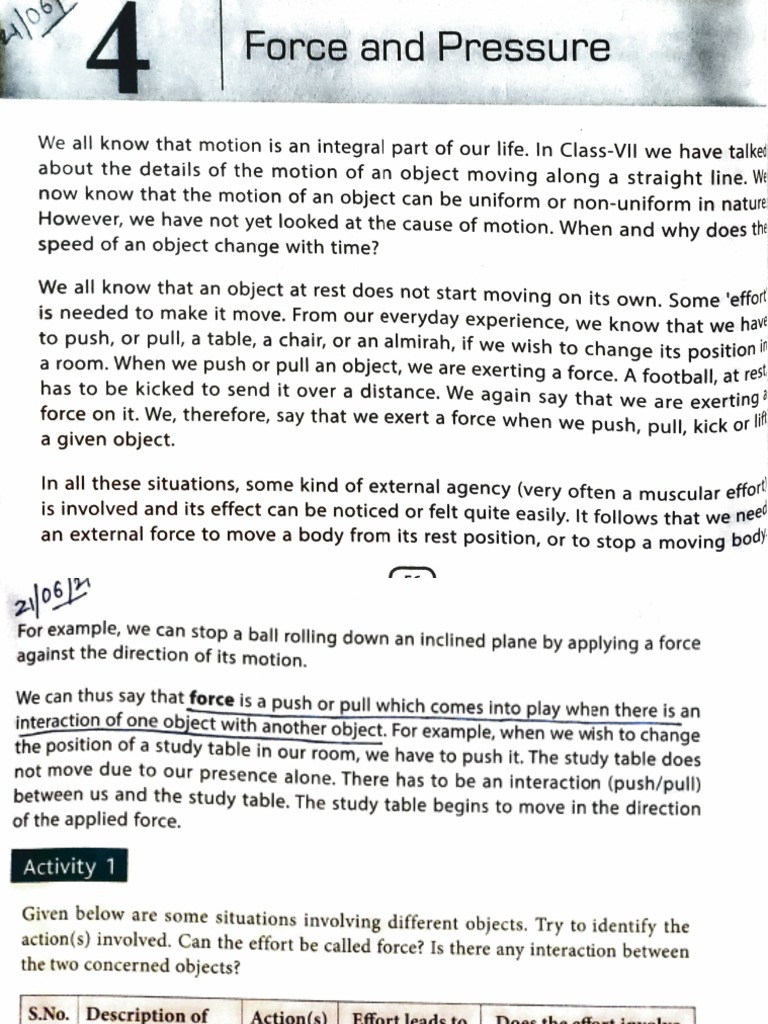 Class 8 Science Physics Force and Pressure | PDF | Force | Atmosphere ...