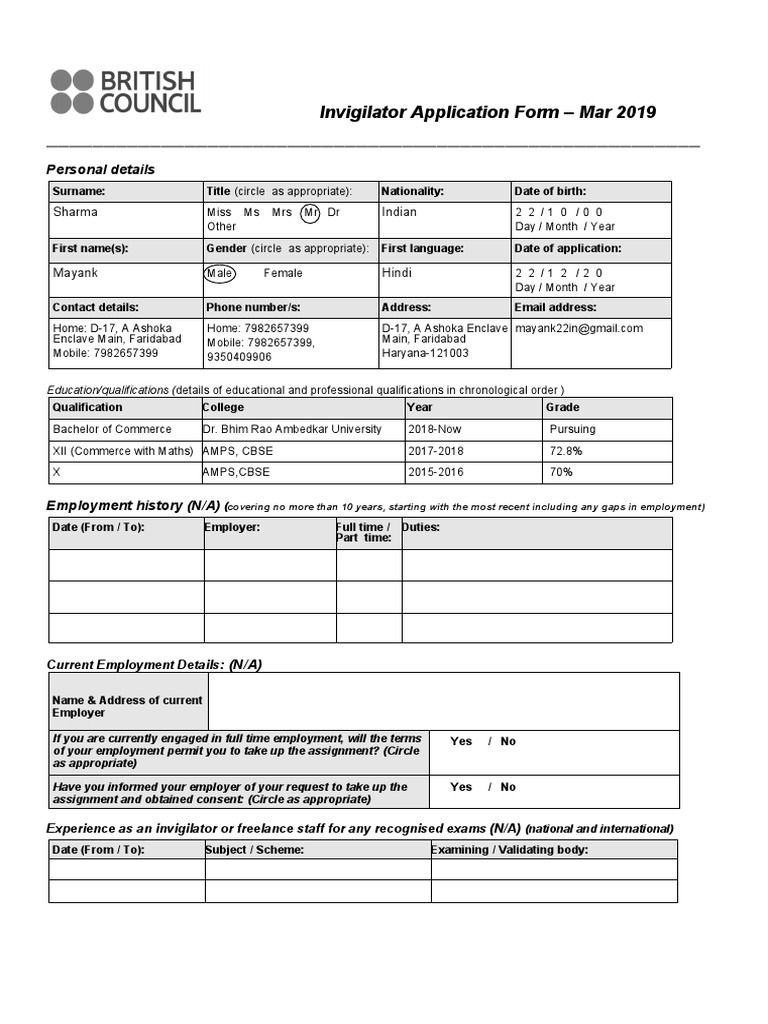 Invigilator Application Form - Mar 2019: Personal Details | Descargar ...