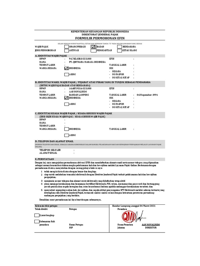 Form Permohonan Efin | PDF