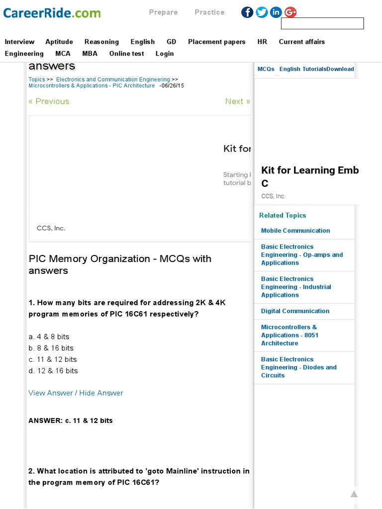 11PIC Memory Organization - MCQs With Answers | PDF | Integrated ...
