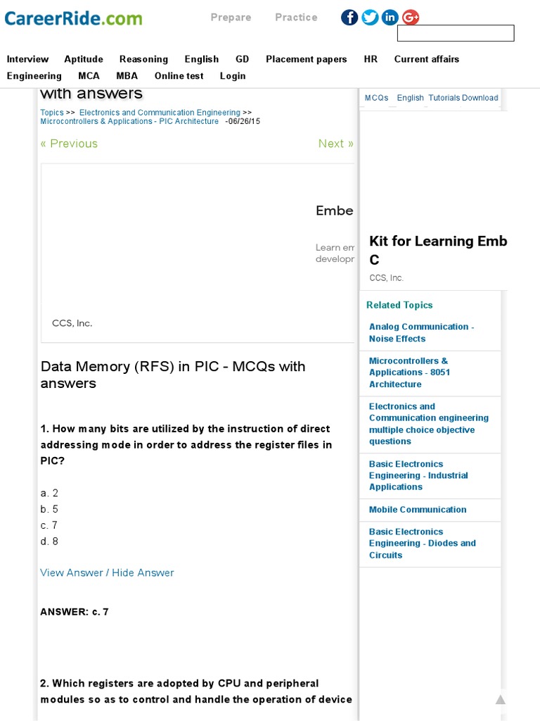 12data Memory (RFS) in PIC - MCQs With Answers | PDF | Microcontroller ...