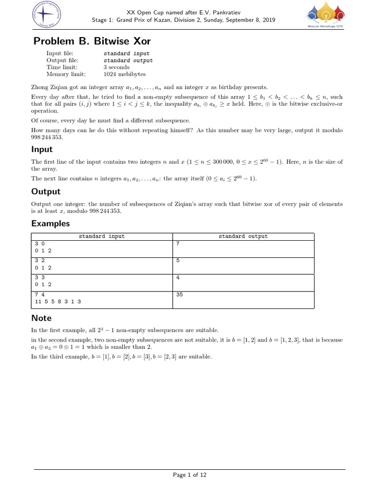 Problem B. Bitwise Xor: Input | PDF | Discrete Mathematics | Mathematics