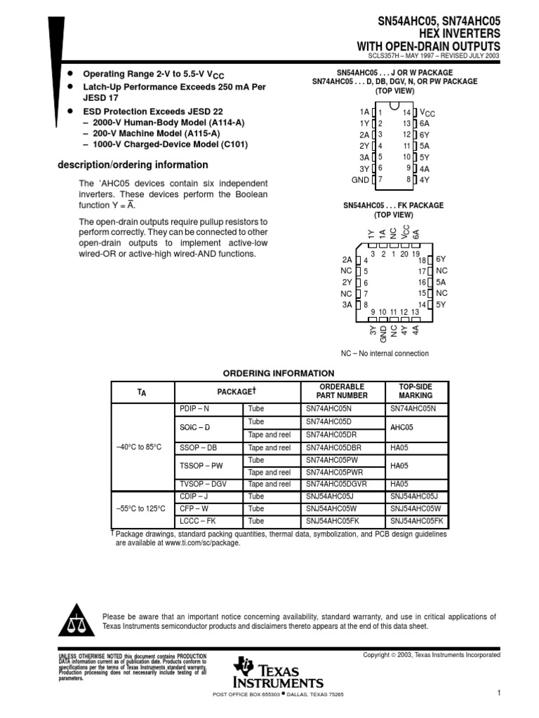 SN54AHC05, SN74AHC05 Hex Inverters With Open-Drain Outputs: Description ...