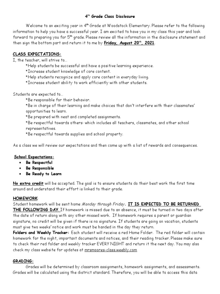 4th Grade Class Disclosure | PDF | Homework | Teachers