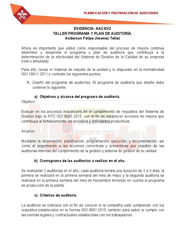 Formato Evidencia AA2 Ev2 Taller Programa y Plan de Auditoria | PDF | Auditoría | Planificación