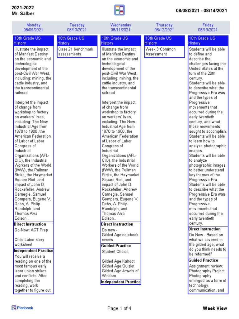 10th Grade US History Lesson Plans Week 3 | PDF | American Federation ...