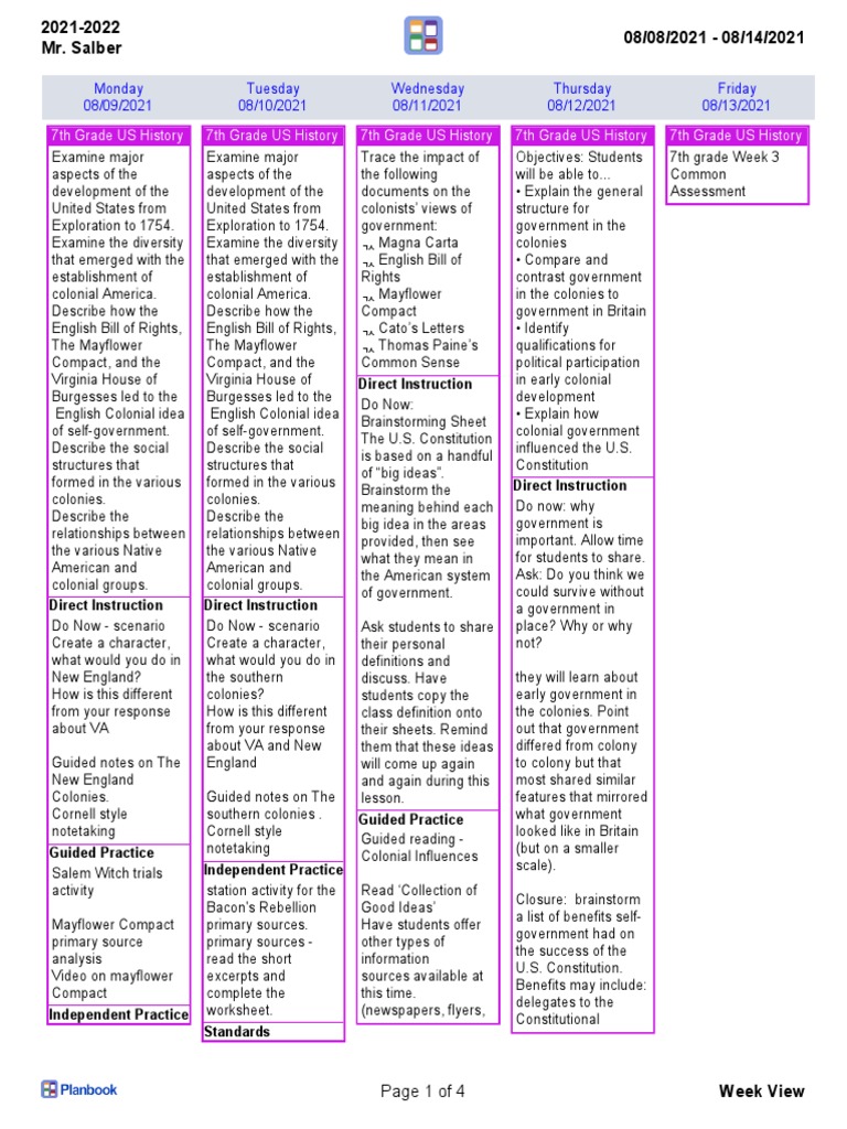 7th Grade US History Lesson Plans Week 3 | PDF | Rights