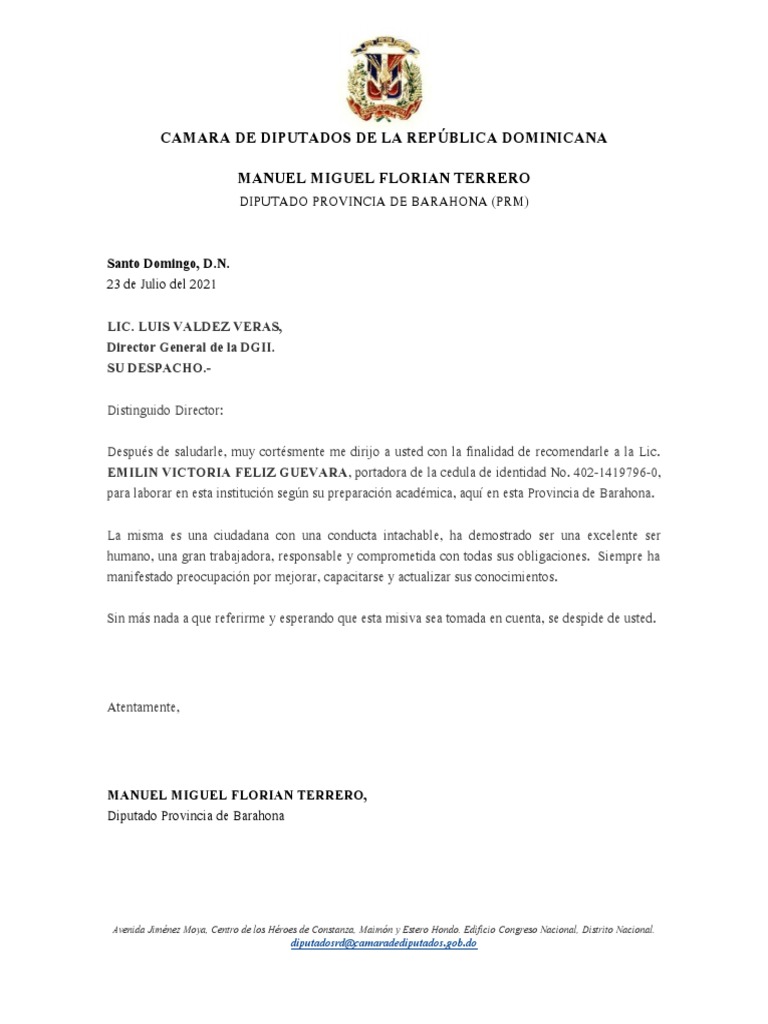 Carta de Recomenacion Diputado Miguel Florian Emi | PDF | República Dominicana | Gobierno