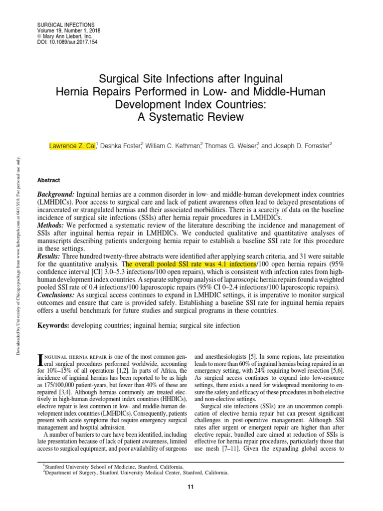 Surgical Site Infection Rates After Inguinal Hernia Repairs | PDF ...