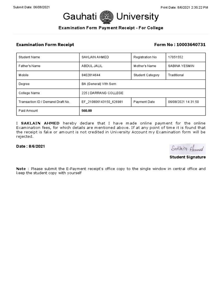 Gauhati University Exam Form Payment Receipt - 023959 | PDF | Receipt ...