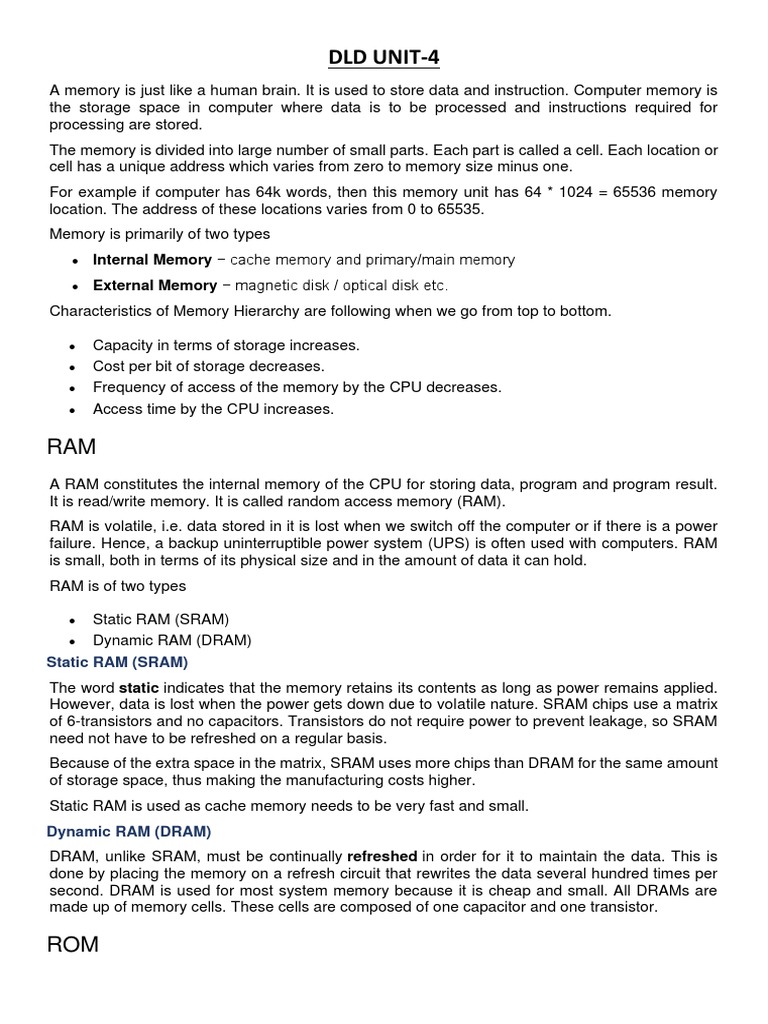 DLD Unit-4: Internal Memory External Memory | PDF | Computer Data Storage | Random Access Memory