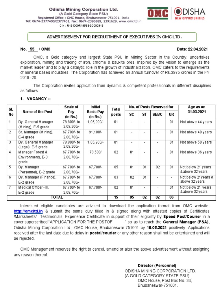 OMC Recruitment for Executive Positions | PDF | Mining | Recruitment