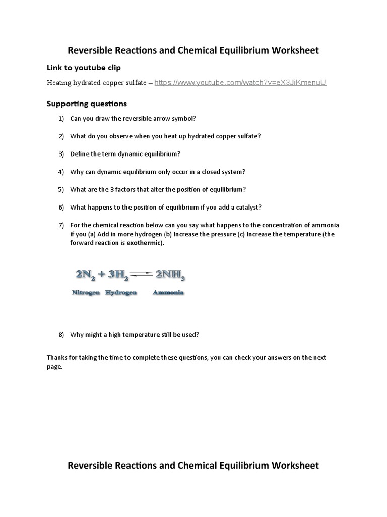 Worksheet Reversible Reactions Chemical Equilibrium Ks4 | PDF ...